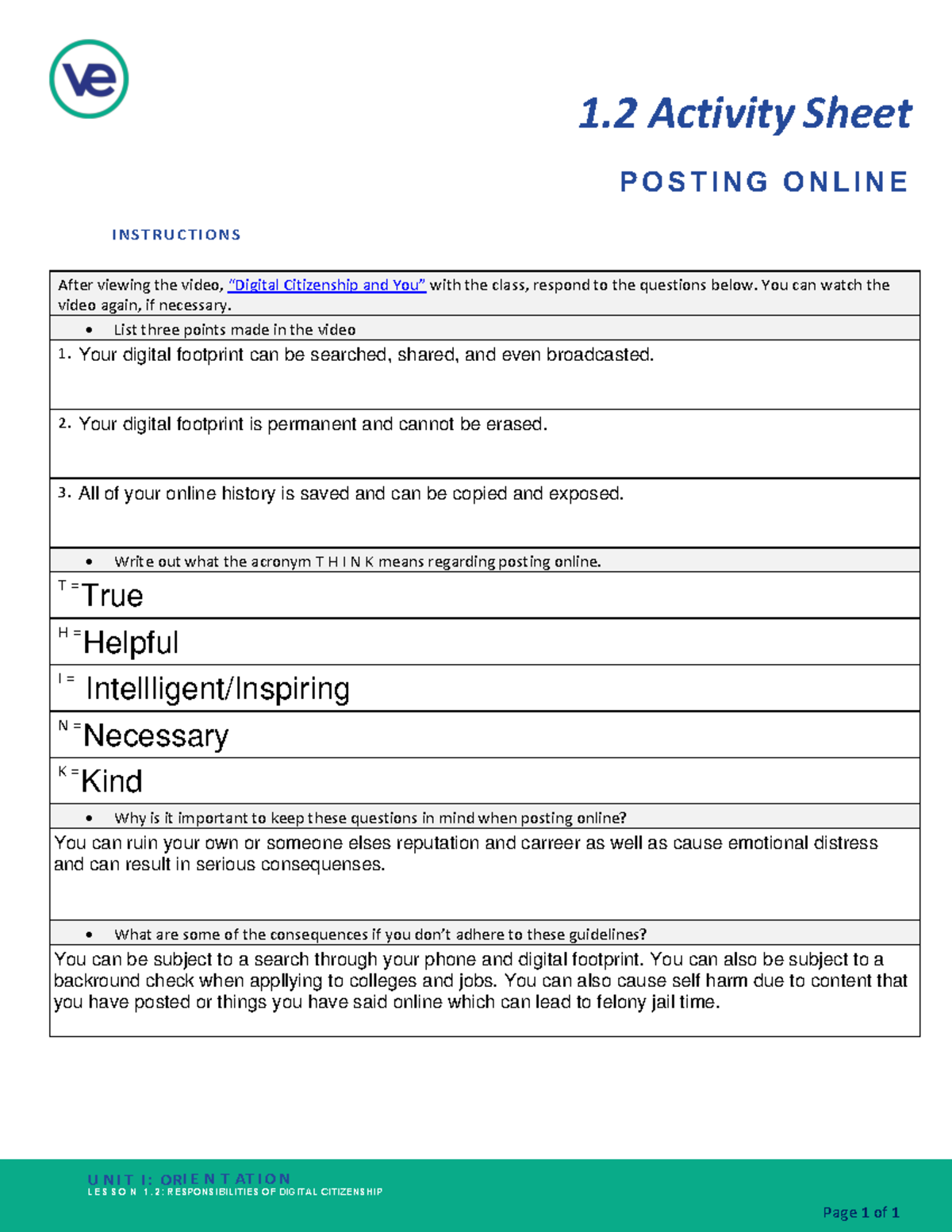 1.2 Activity Sheet - Posting Online vivaan - U N I T I : ORI E N T AT I ...