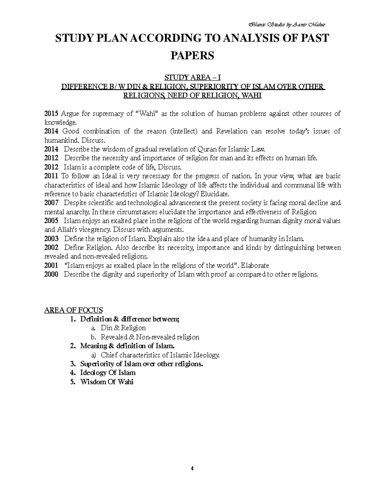 Pdfcoffee - STUDY PLAN ACCORDING TO ANALYSIS OF PAST PAPERS STUDY AREA ñ I DIFFERENCE B/W DIN ...