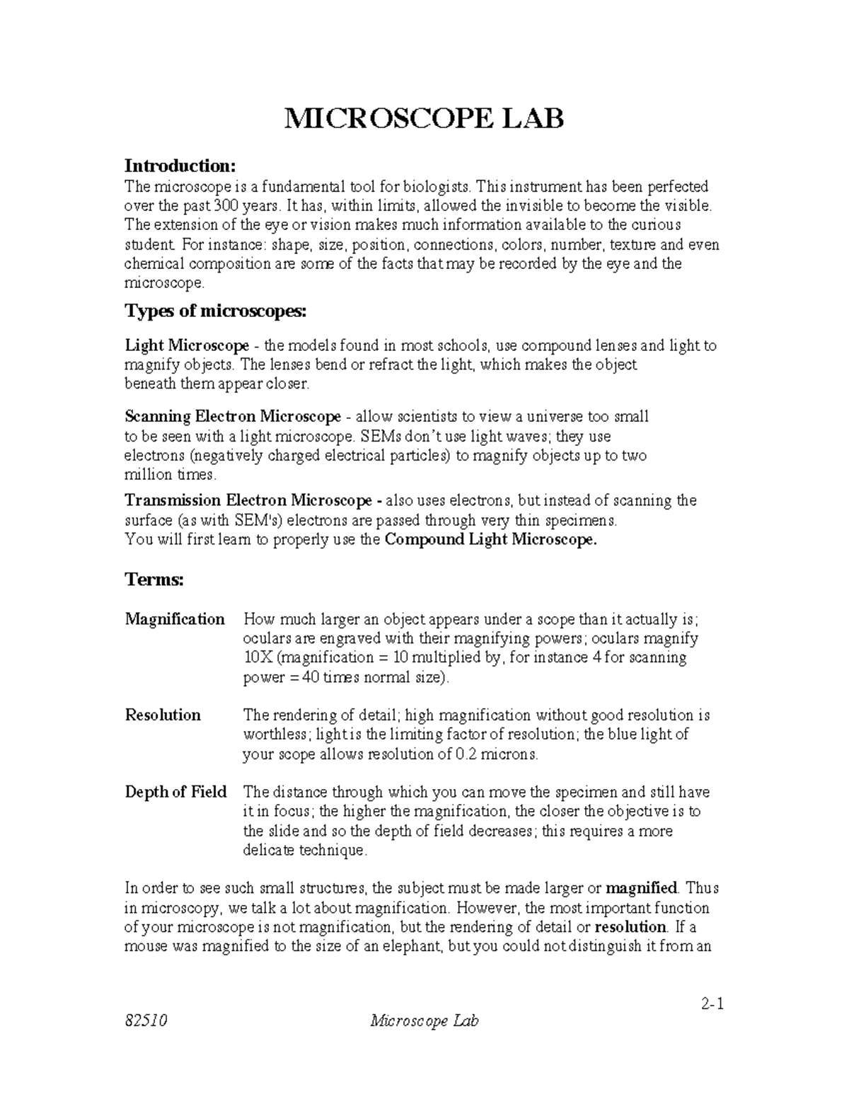 Microscope 82510 - Microscopic - 2- MICROSCOPE LAB Introduction: The ...