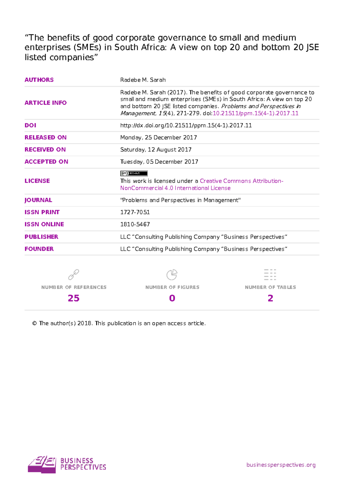 The benefits of good corporate governance to small - Sarah ARTICLE INFO ...