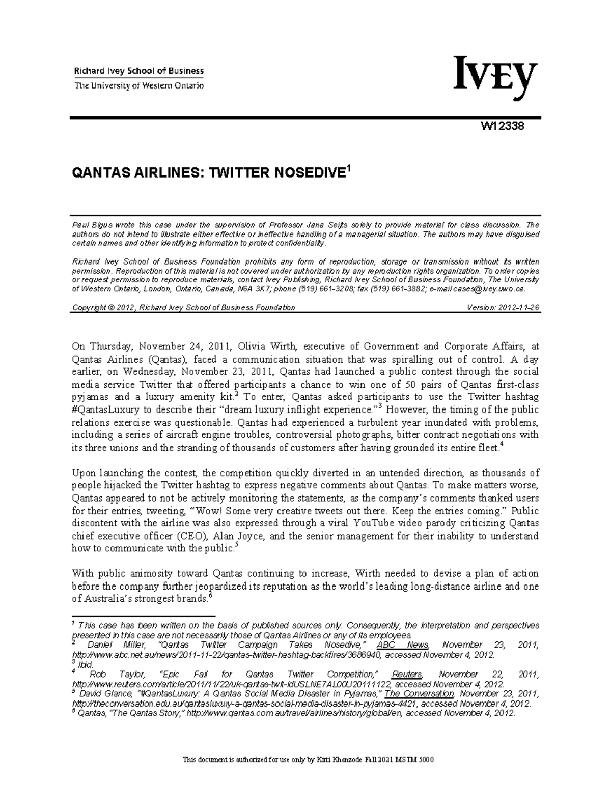 F21 - MSTM 5000 - Case - Qantas - S w W 12338 QANTAS AIRLINES: TWITTER ...