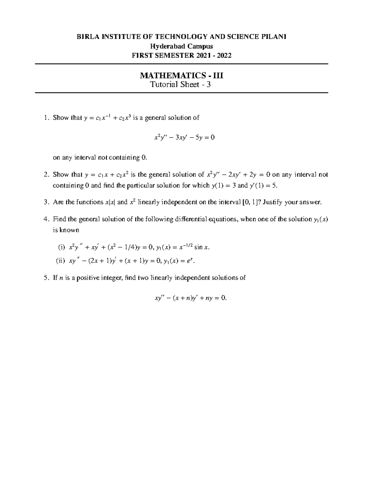 Tutorial (03) sheet solution 26-09-2021 - BIRLA INSTITUTE OF TECHNOLOGY ...