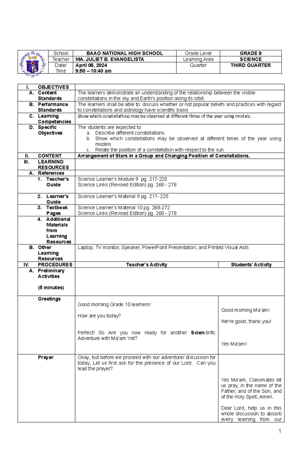 Constellation Lesson 2 and 3 - School BAAO NATIONAL HIGH SCHOOL Grade ...