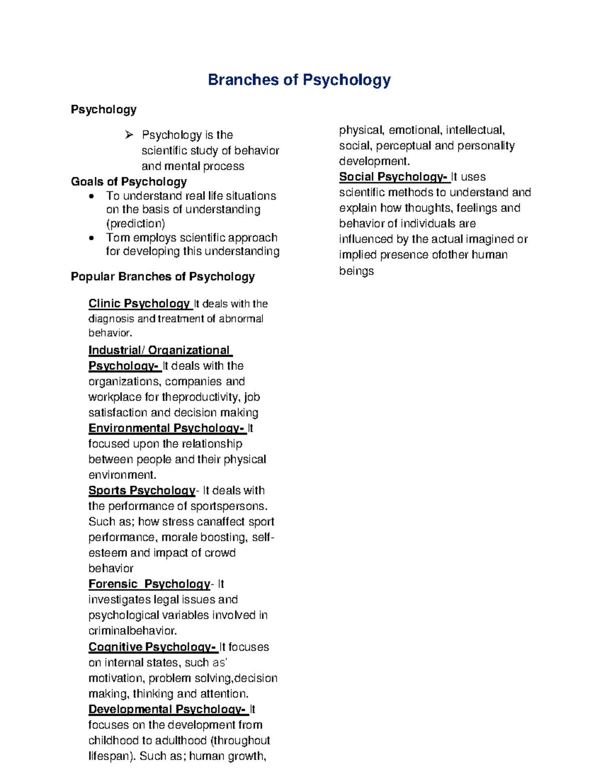 Psychological Subfields Notes - Psychology Branches of Psychology ...