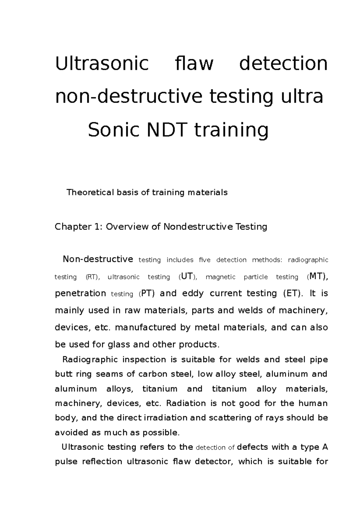 Overview of Nondestructive Testing - Ultrasonic flaw detection non ...