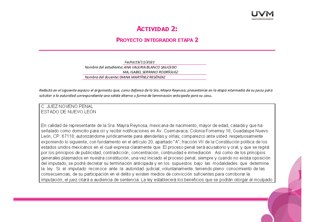 Proy Int Etapa 2 Juicios Orales - ACTIVIDAD 2: PROYECTO INTEGRADOR ETAPA 2 Fecha:19/11/ Nombre ...
