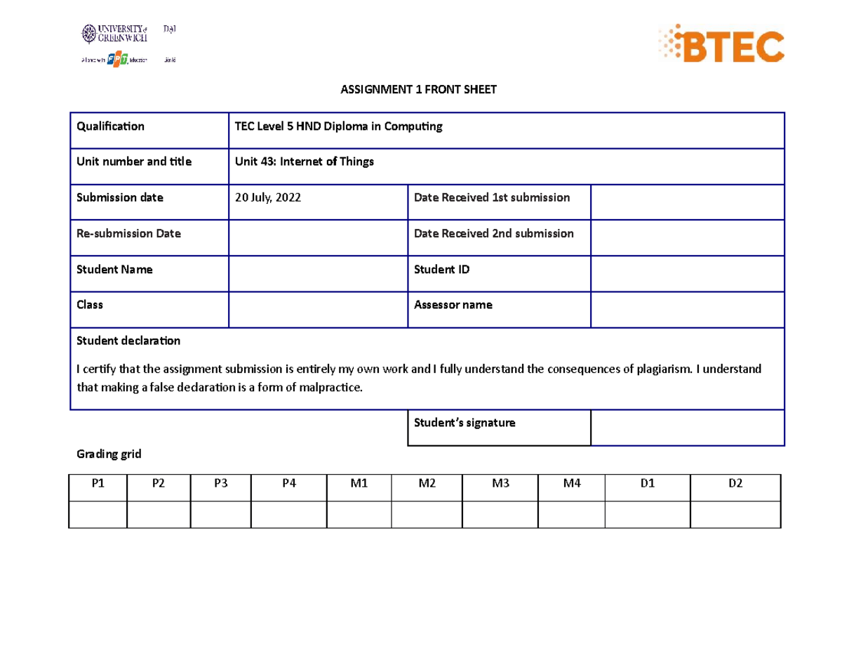 Io T ASM1 - asm1 - ASSIGNMENT 1 FRONT SHEET Qualification TEC Level 5 HND Diploma in Computing ...