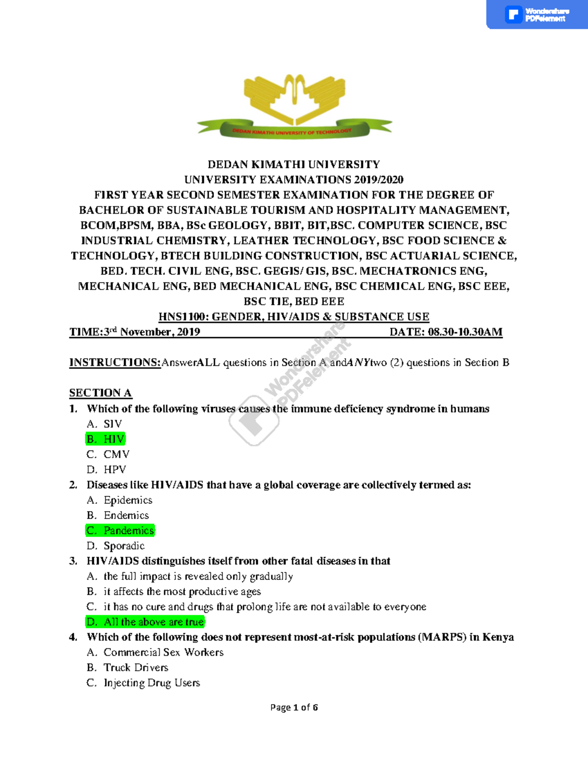 HIV QA - DEDAN KIMATHI UNIVERSITY UNIVERSITY EXAMINATIONS 2019/ FIRST ...