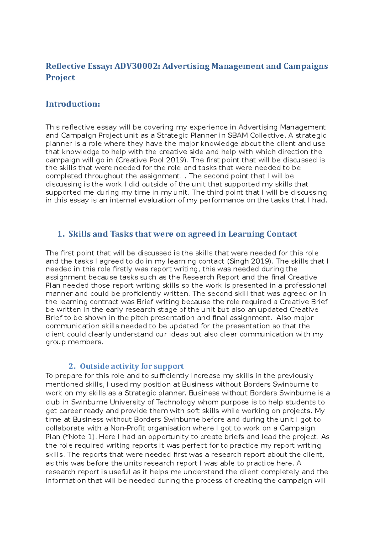 Reflective essay Capstone final ADV30002 - ADV30002 - Swinburne - Studocu