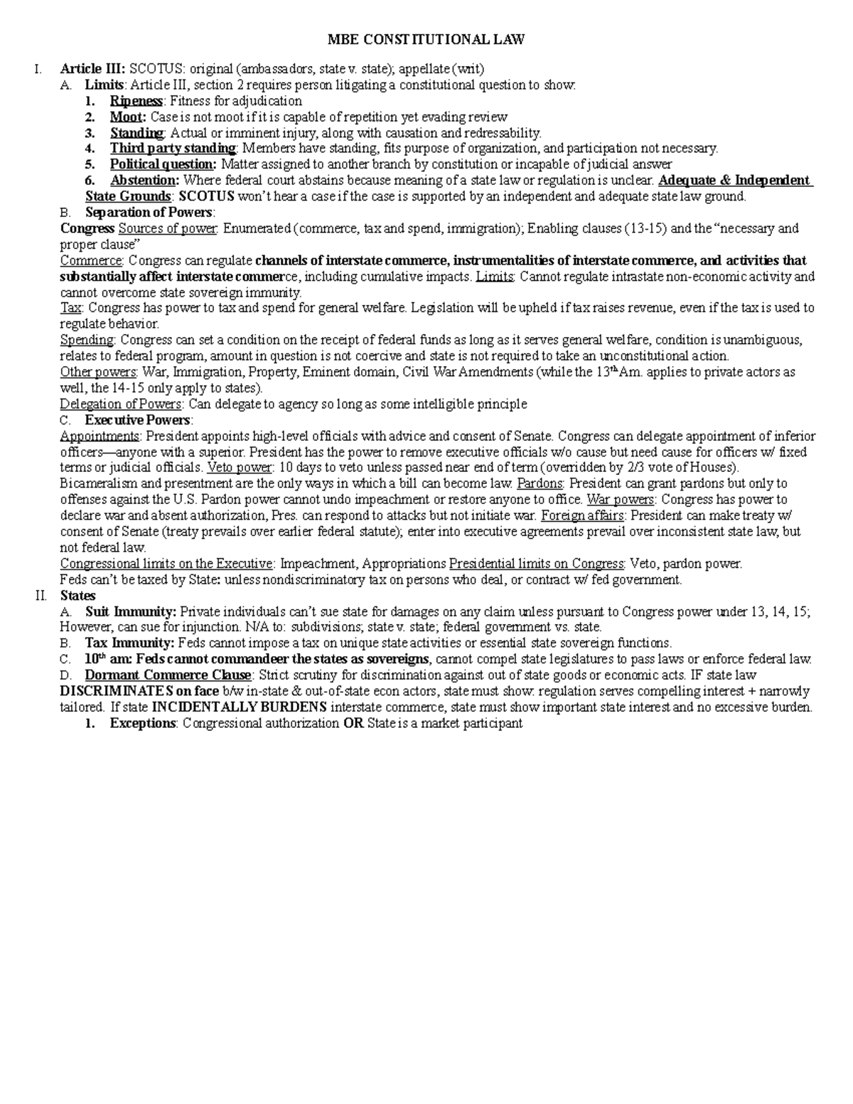 One Sheet - Con Law - MBE CONSTITUTIONAL LAW I. Article III: SCOTUS ...