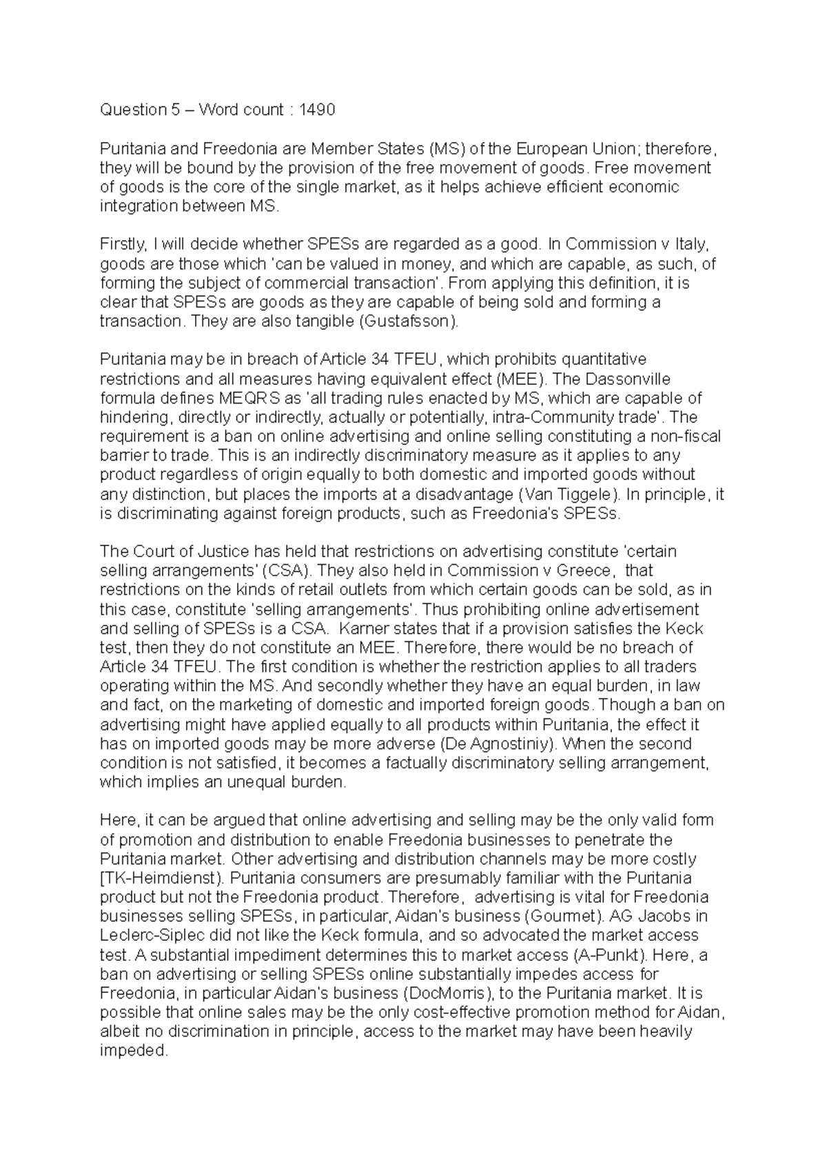 Aa freemvt checked - Exam question - Question 5 – Word count : 1490 Puritania and Freedonia are ...