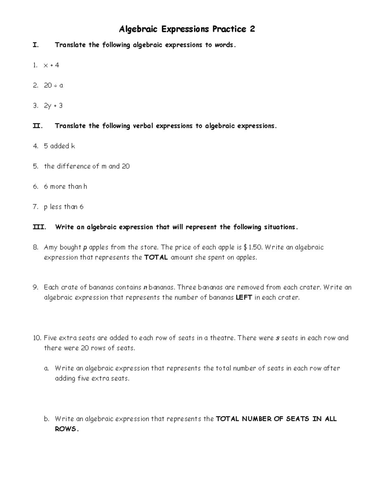 Algebraic Expressions Practice 2 - Translate the following algebraic ...