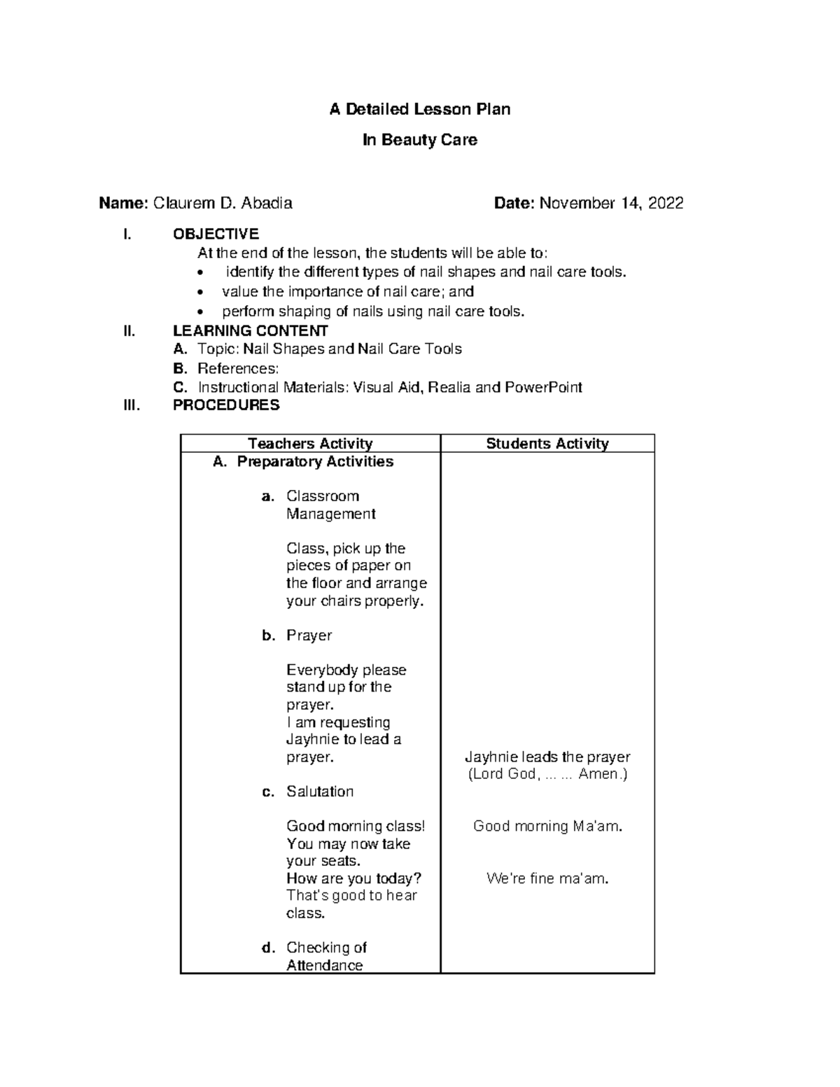 basta kay libre - A Detailed Lesson Plan In Beauty Care Name: Claurem D ...