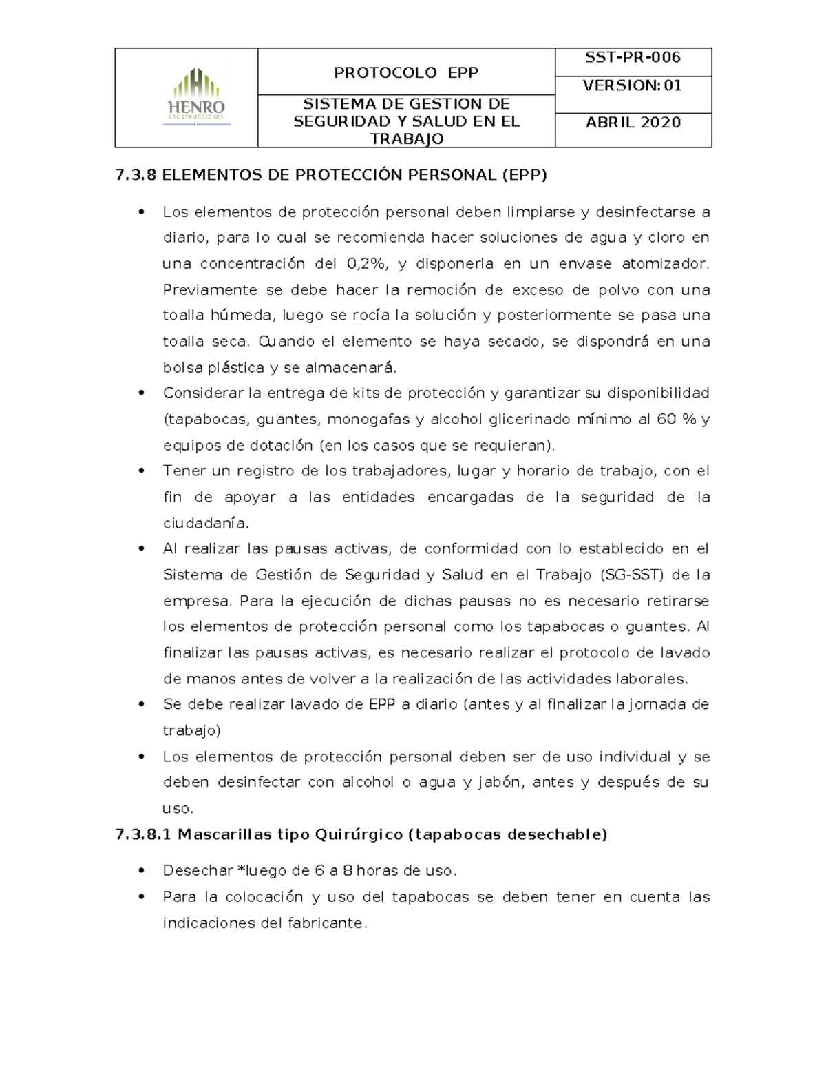 Protocolo DE EPP - PROTOCOLO EPP SST-PR- VERSION: SISTEMA DE GESTION DE SEGURIDAD Y SALUD EN EL ...