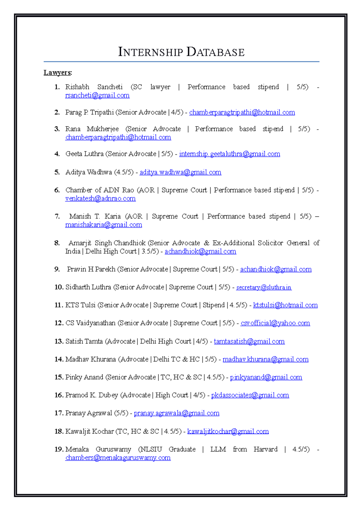 Internship Database - xyz - INTERNSHIP DATABASE Lawyers: Rishabh ...