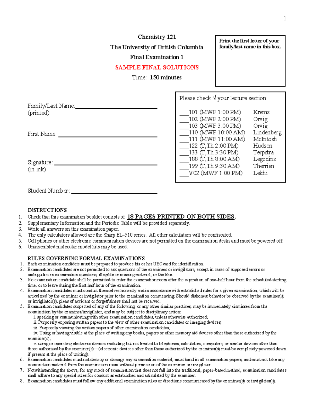 Chem121 Sample Final Solutions - Chemistry 121 The University of ...