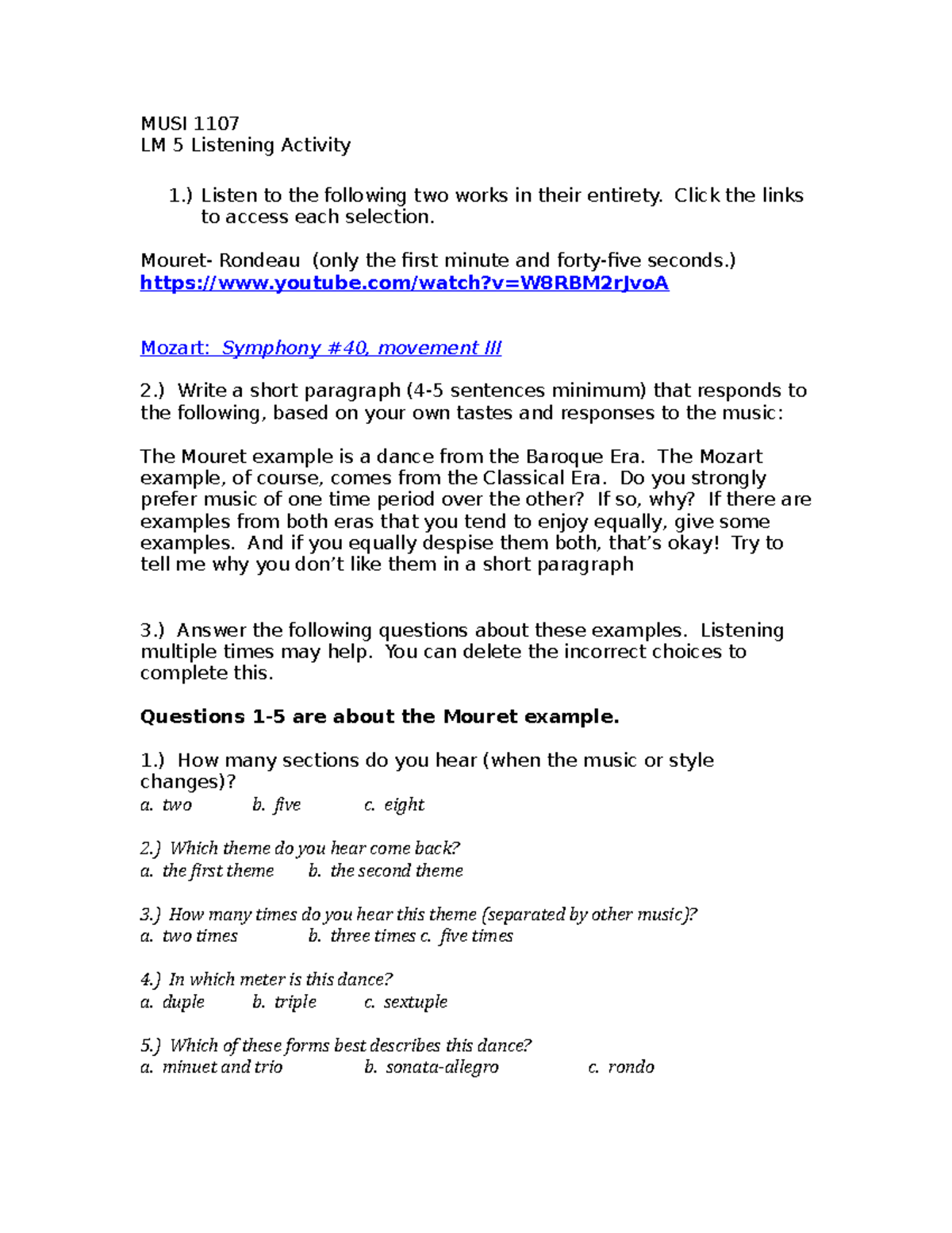 Listening acrivity LM5 - MUSI 1107 LM 5 Listening Activity 1.) Listen ...