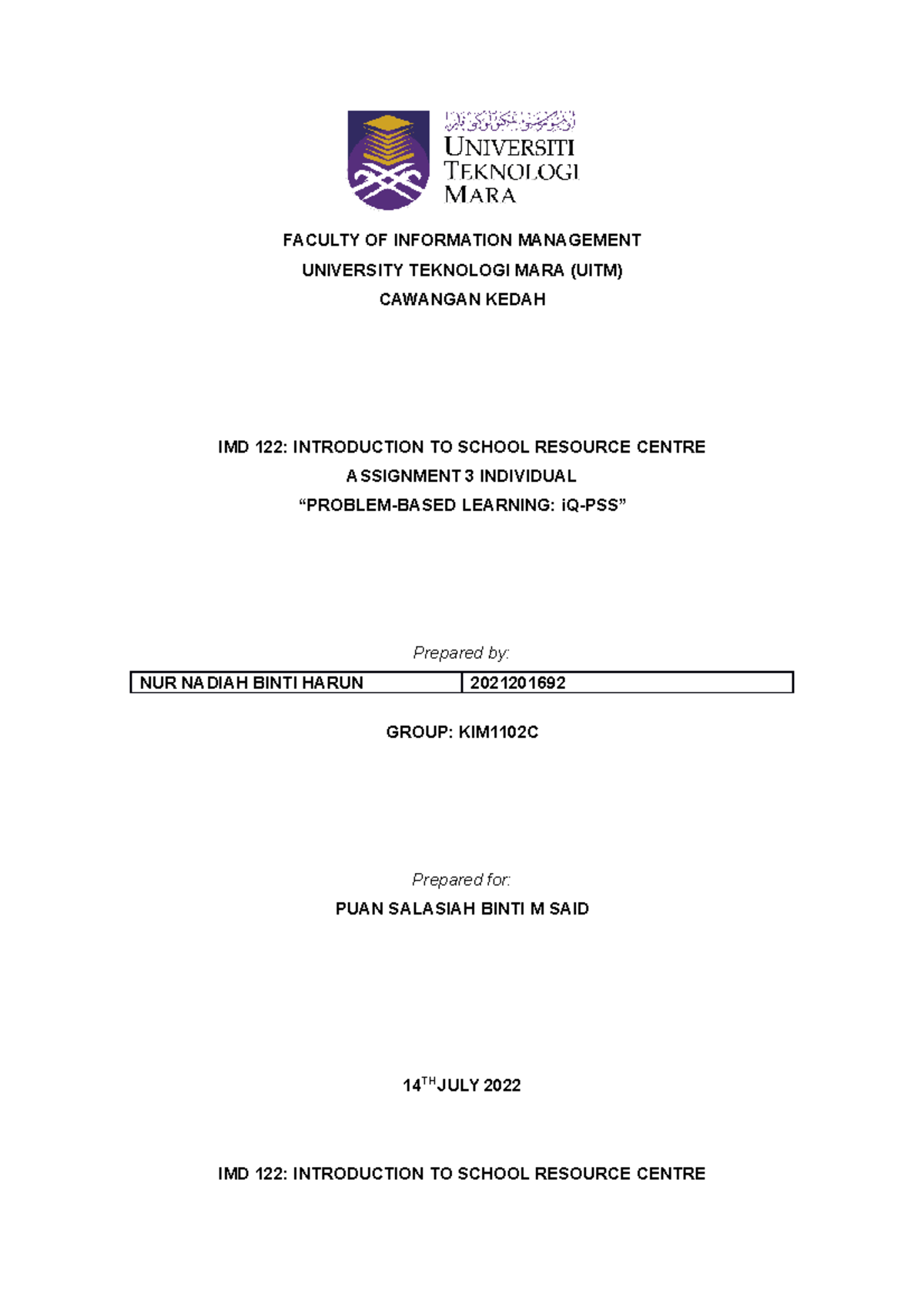 IMD 122 Individual Assignment - FACULTY OF INFORMATION MANAGEMENT ...