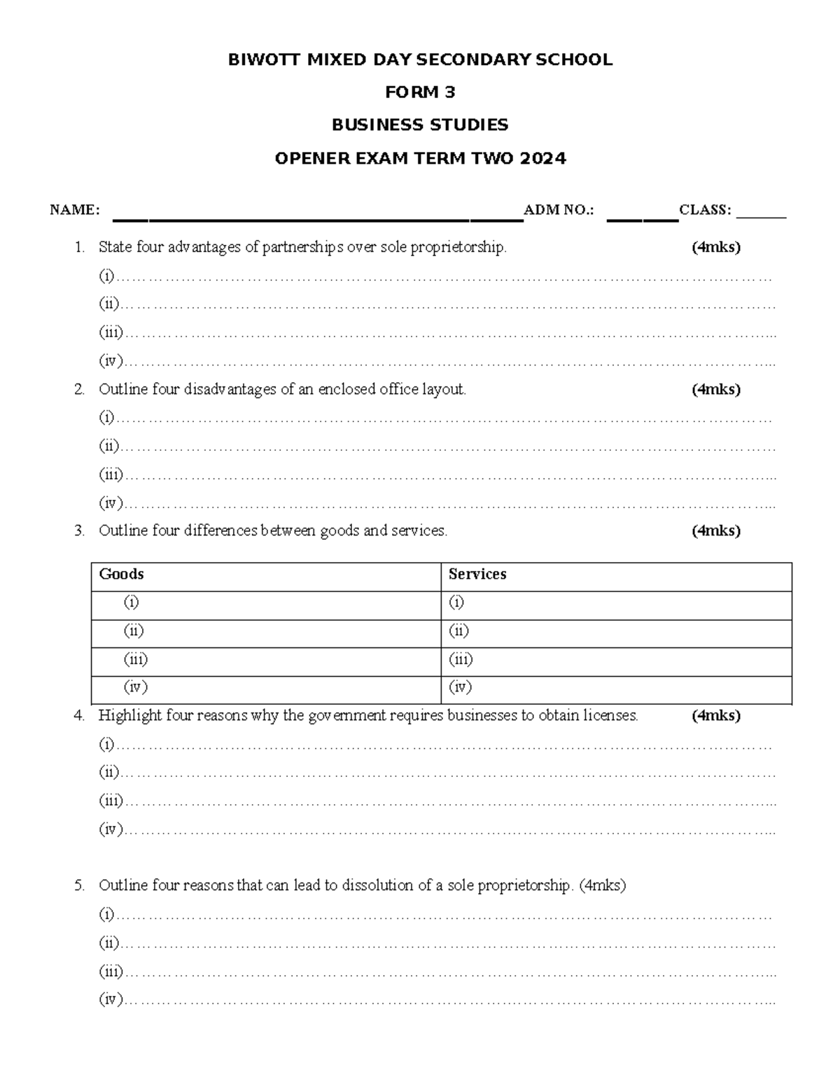 FORM 3 Opener Business Studies TERM 2 - BIWOTT MIXED DAY SECONDARY ...