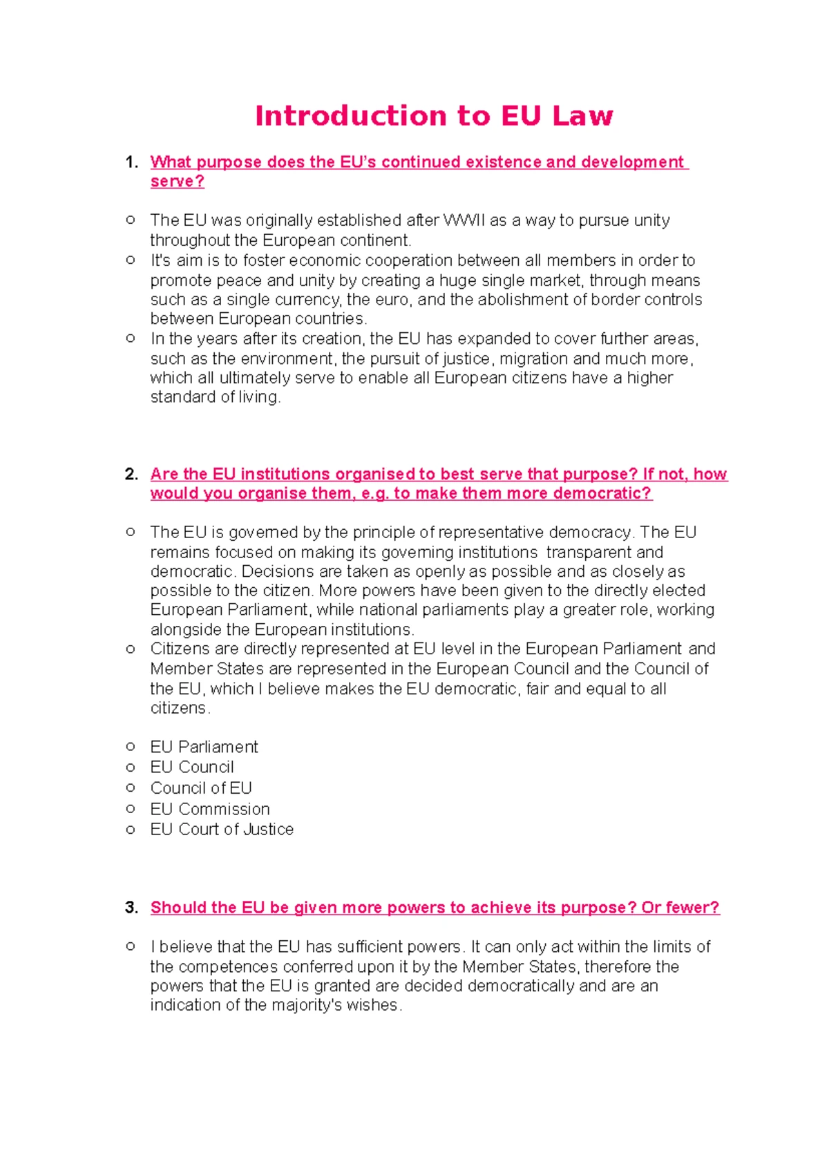 EU LAW I - second module - LESSON 1: DEVELOPMENT OF THE EU Origins of ...
