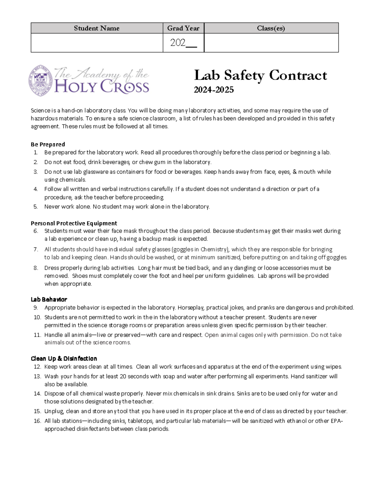 Lab Safety Contract 24-25 - Student Name Grad Year Class(es) 202 ...
