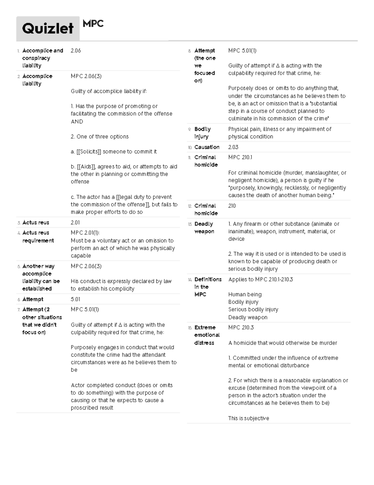 Criminal Law - MPC - Flashcards for pertinent sections of the Model Penal Code - 1 and ...