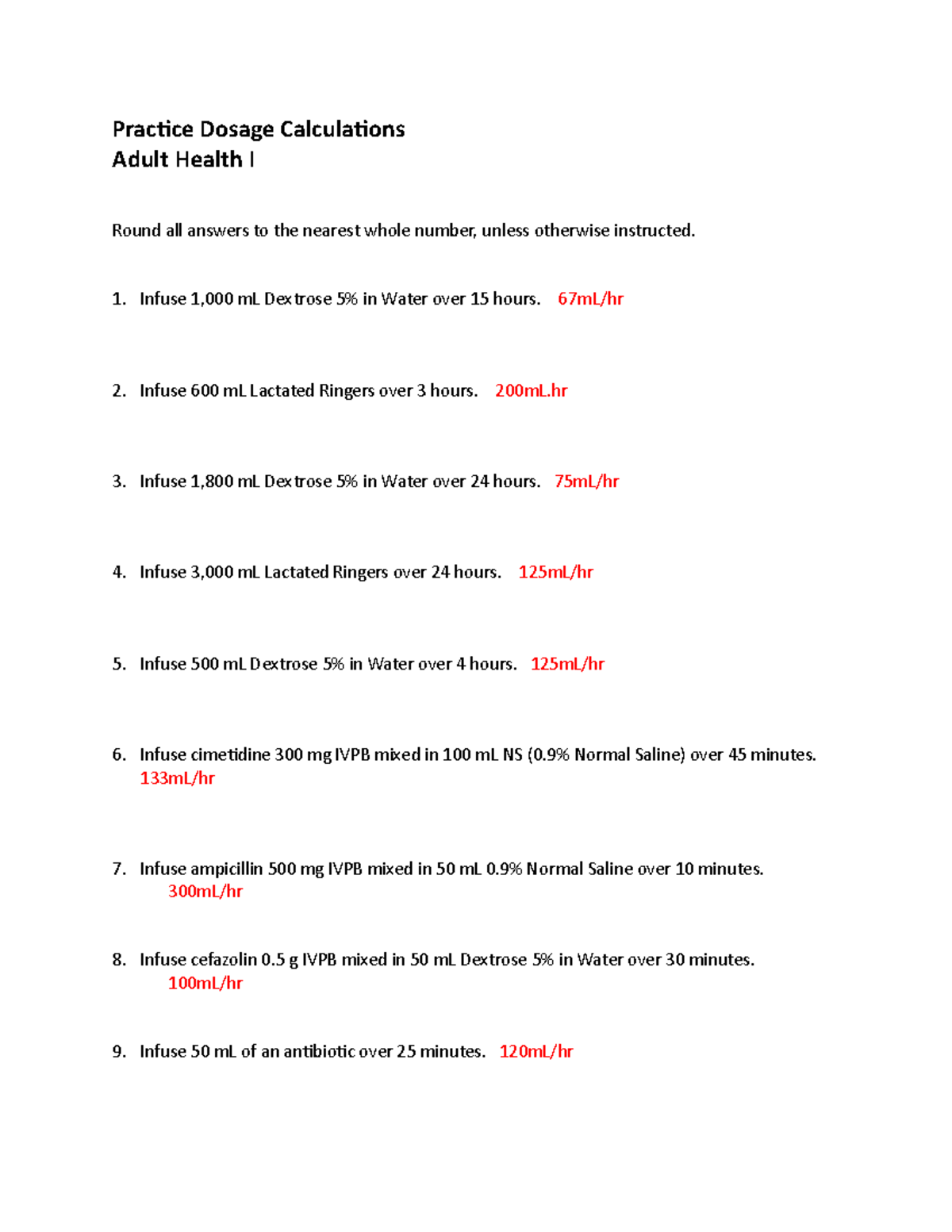 Practice questions II KEY - Practice Dosage Calculations Adult Health I ...