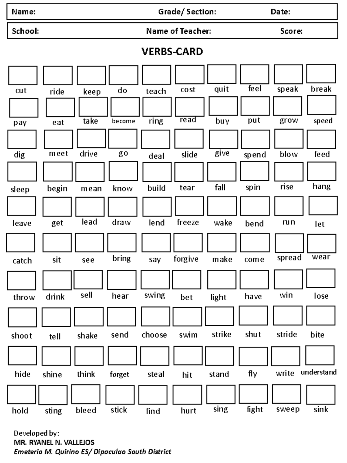 Verbs Card Nouns and Adjectives - VERBS-CARD Name: Grade/ Section: Date ...