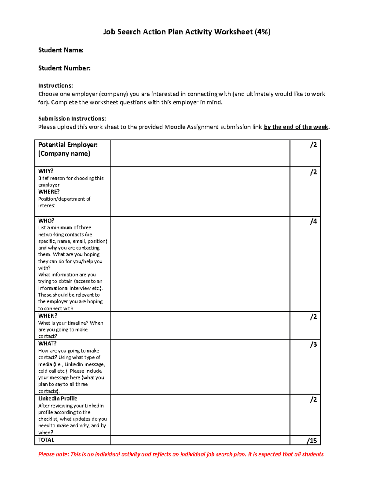 Job Search Action Plan In Class Activity Worksheet (1) - Job Search ...