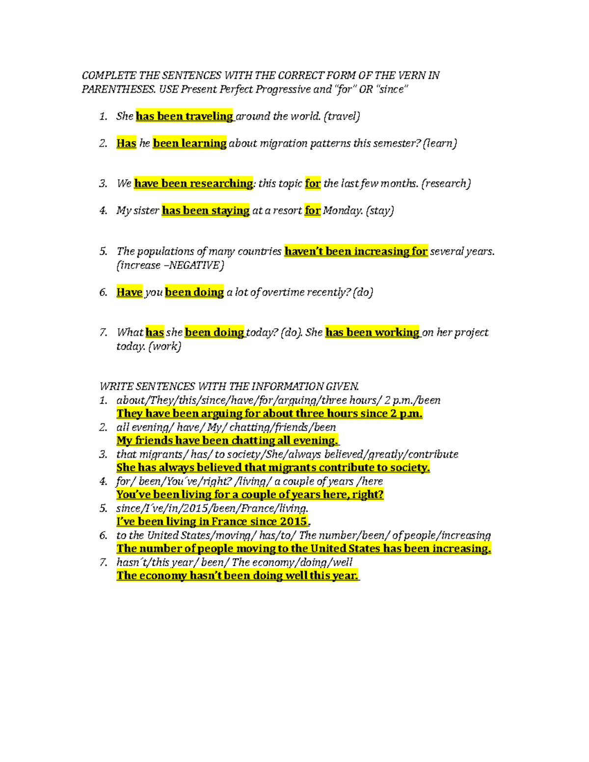 Pres Perf Prog Ws Nada Complete The Sentences With The Correct Form