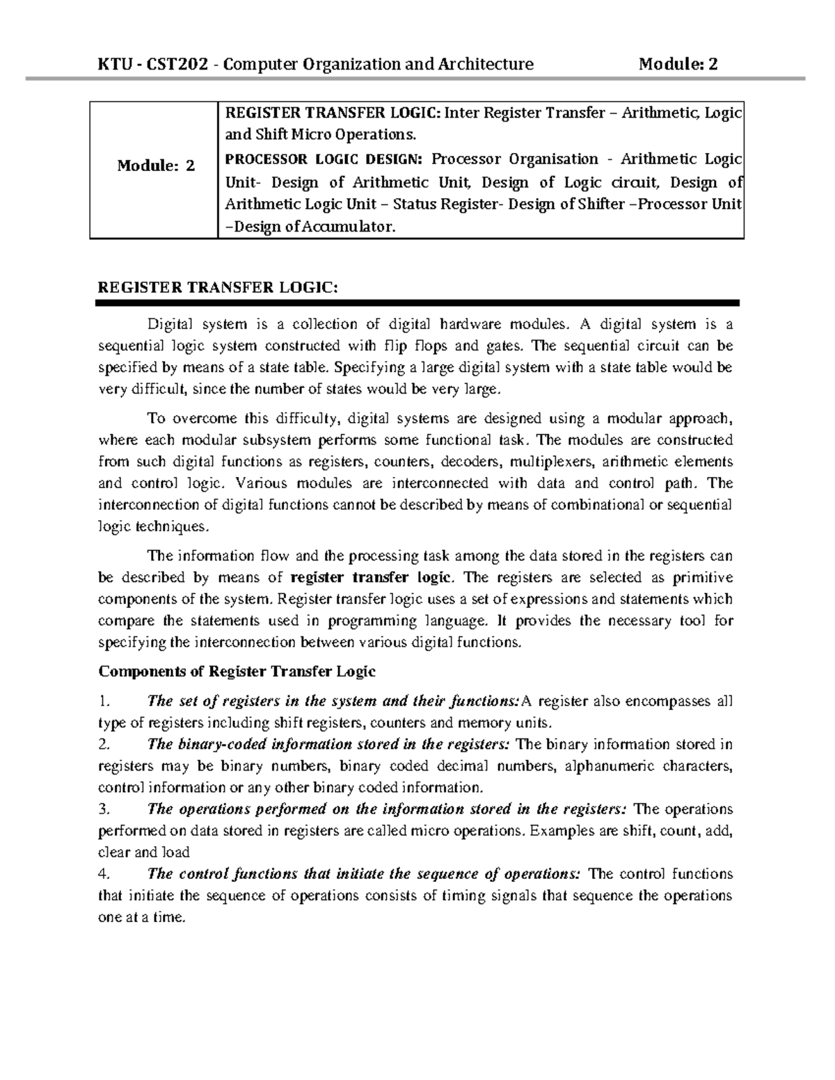 Mod-2 - Coa notes - Module: 2 REGISTER TRANSFER LOGIC: Inter Register ...