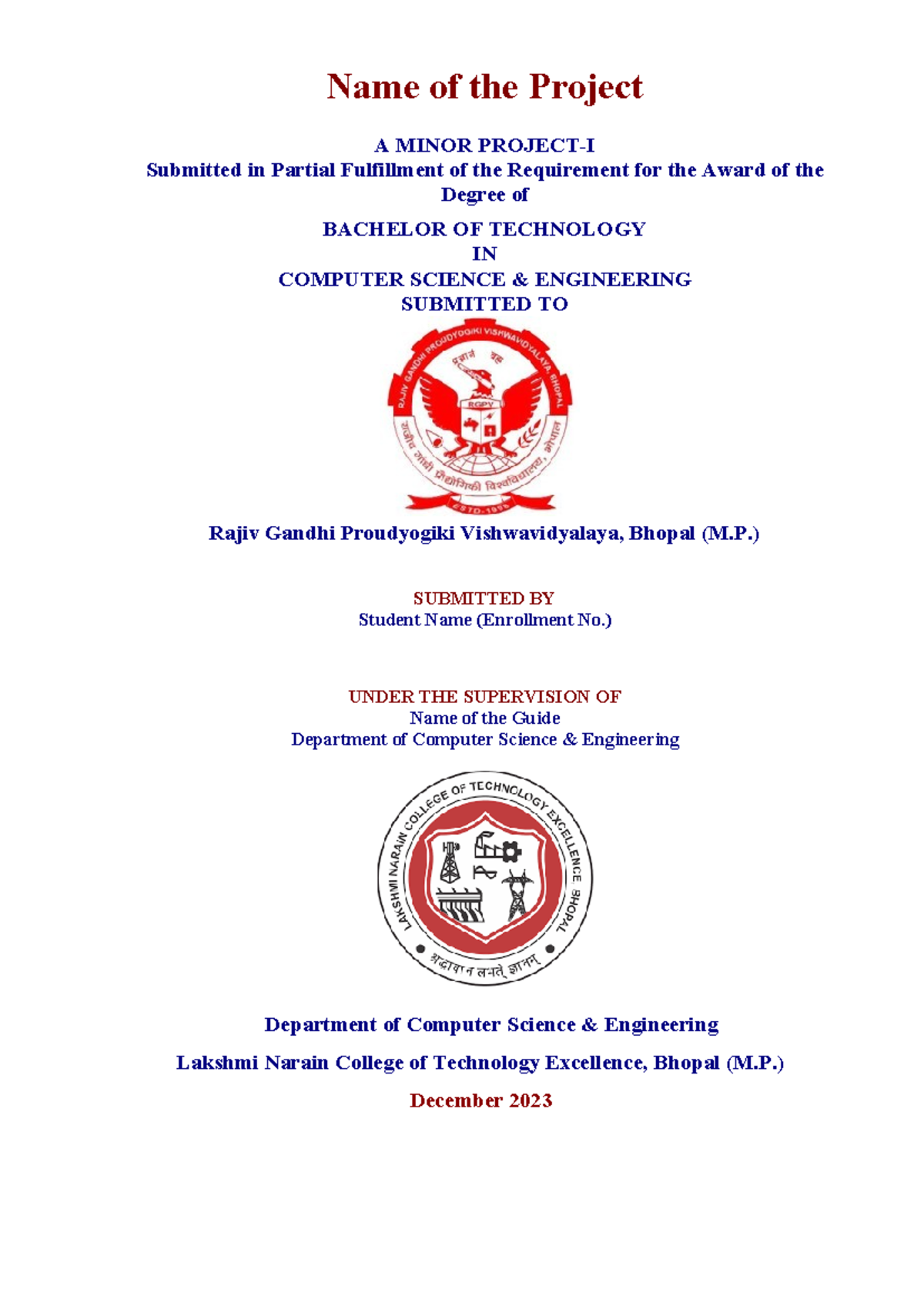 Minor Project-I Cover page final for CSE-DS - Name of the Project A ...