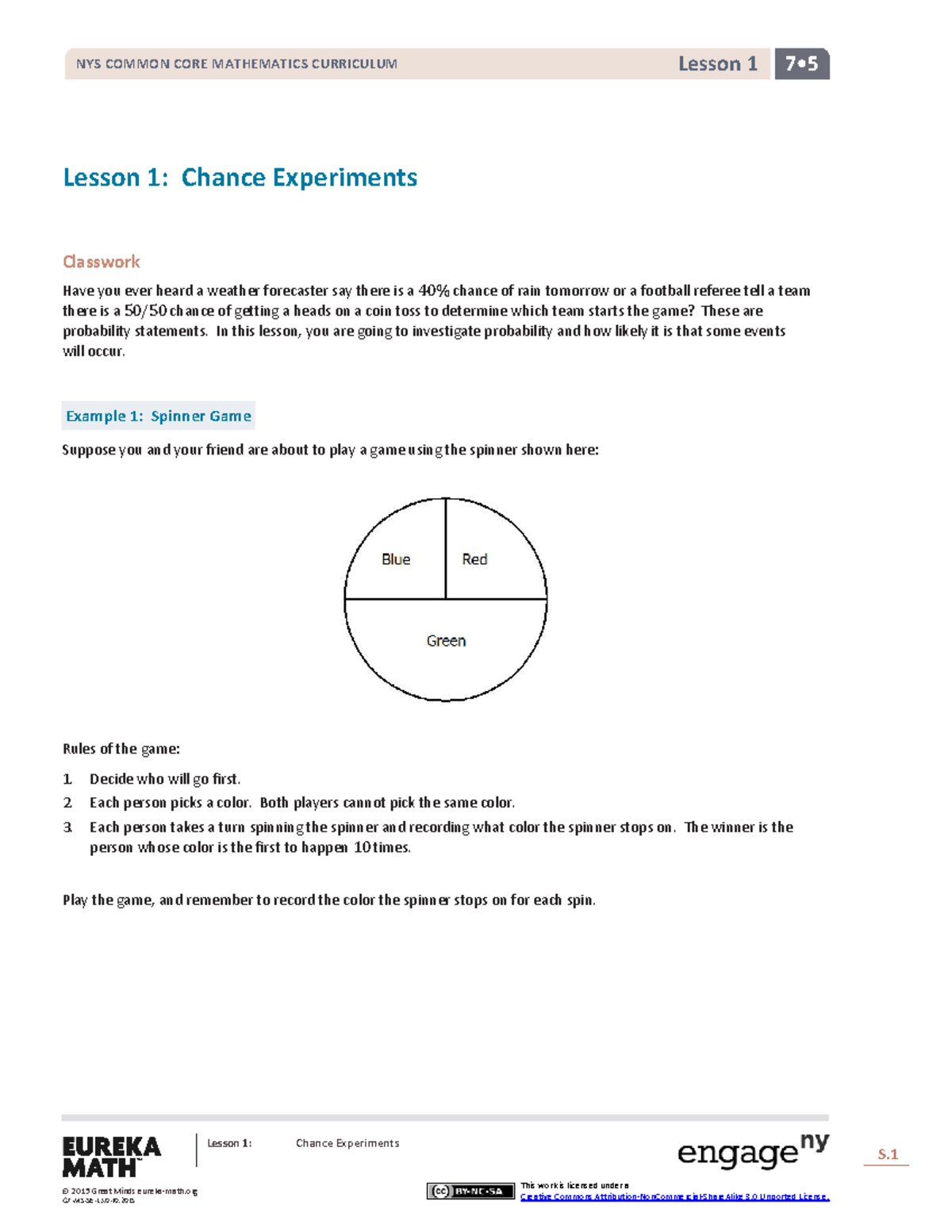 Math g7 m5 student materials - Lesson 1: Chance Experiments Classwork ...