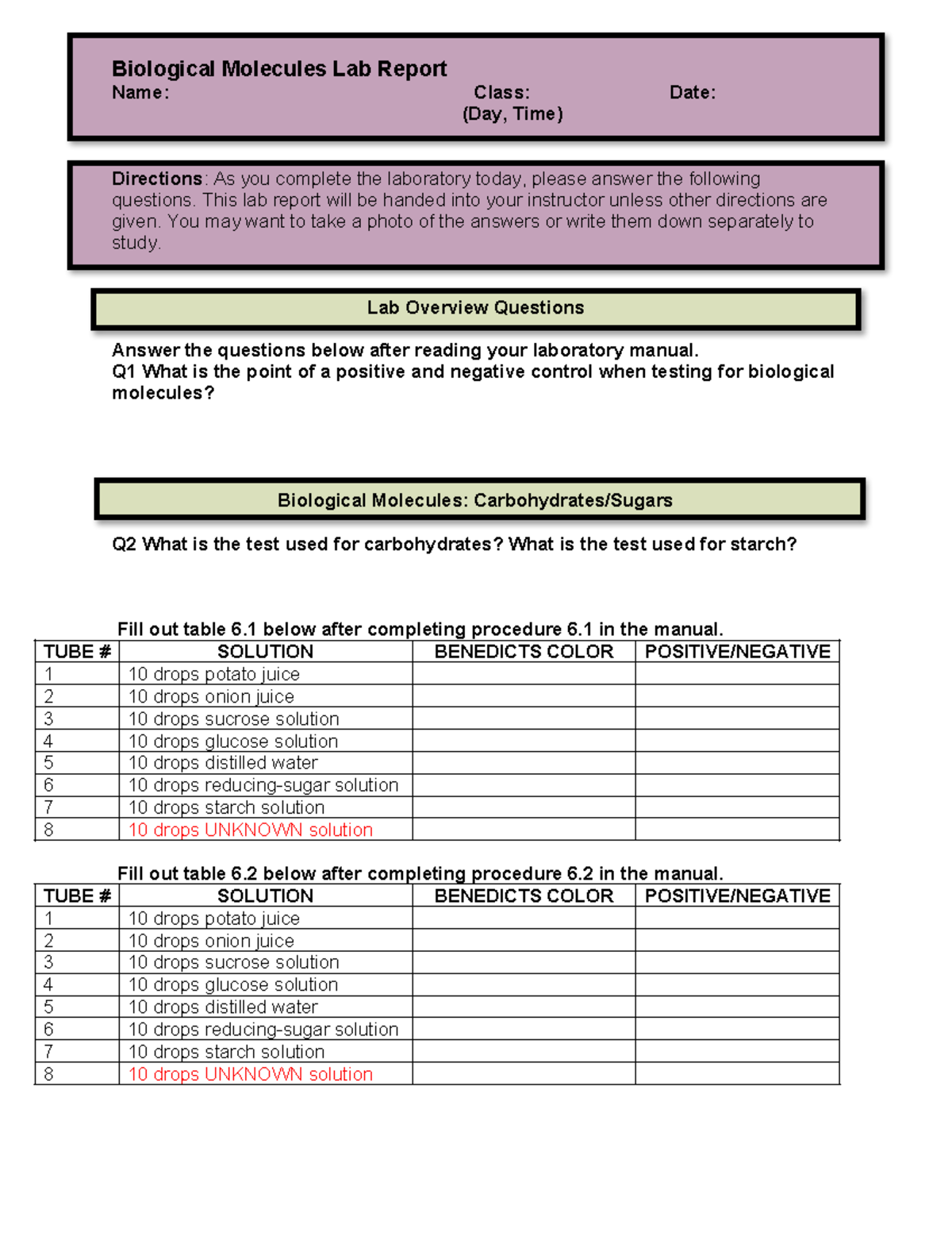 6 Biological Molecules Lab Report - Biological Molecules Lab Report ...