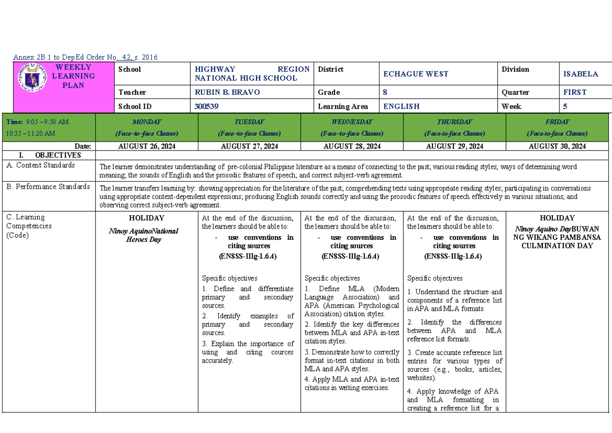 English 8 WLP Q1 WEEK 5 - Annex 2B to DepEd Order No. 42, s. 2016 ...