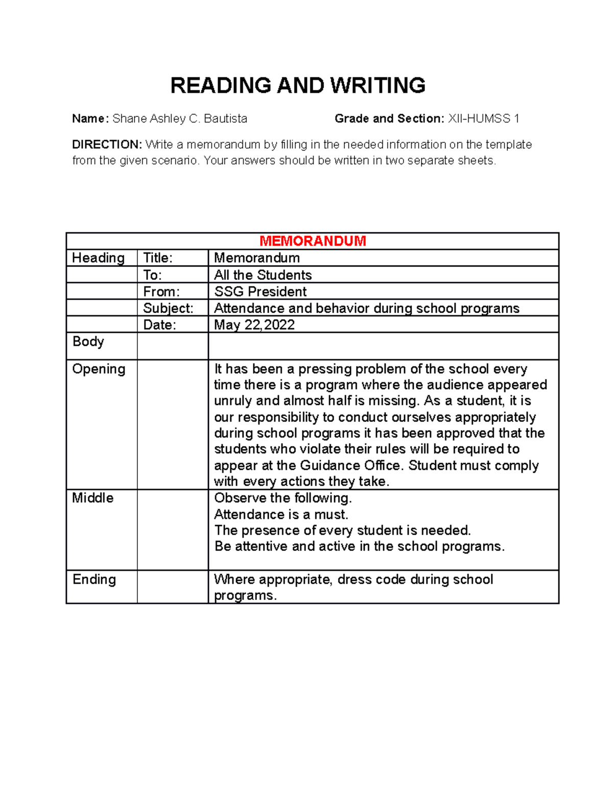 A- Memorandum - READING AND WRITING Name: Shane Ashley C. Bautista ...