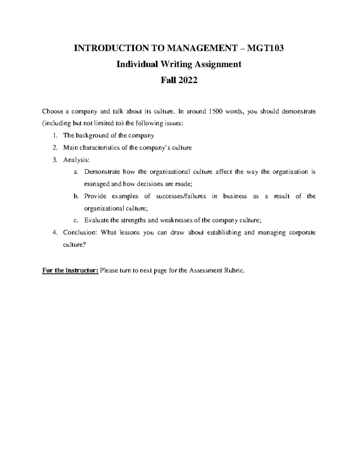 FA22 Individual Assignment MGT103 - INTRODUCTION TO MANAGEMENT – MGT Individual Writing ...