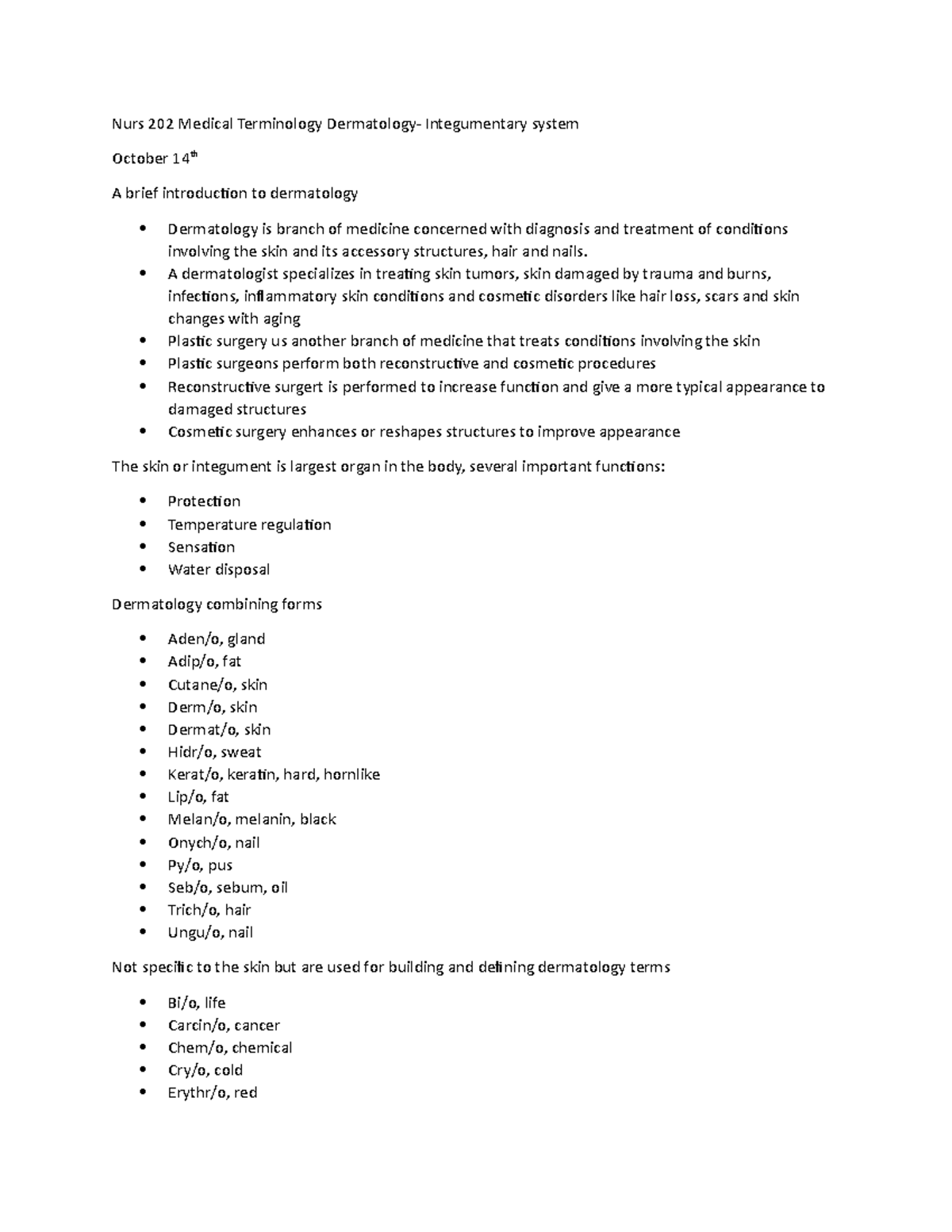 Medical Terminology Chapter 5 Dermatology - Nurs 202 Medical ...
