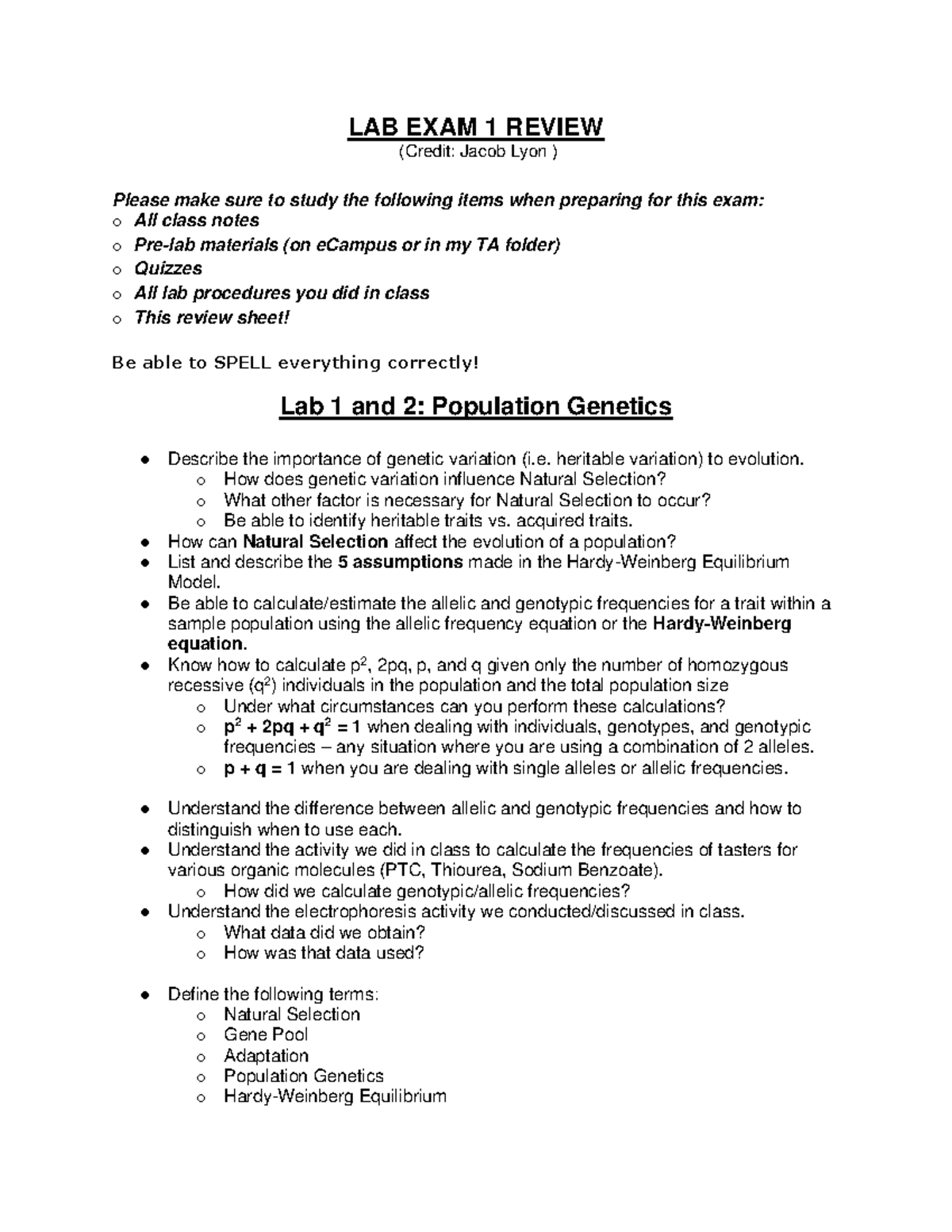 Review for Lab Exam 1 - LAB EXAM 1 REVIEW (Credit: Jacob Lyon ) Please ...