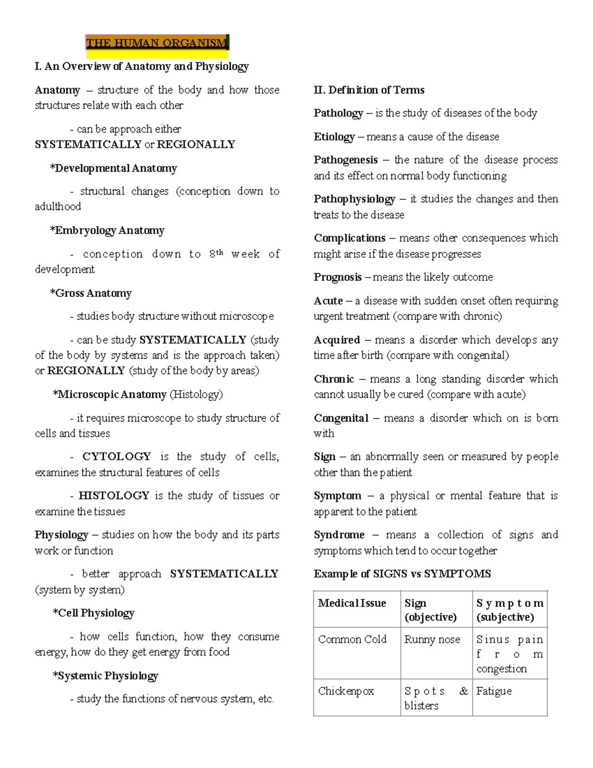 first lesson first semester - THE HUMAN ORGANISM I. An Overview of ...