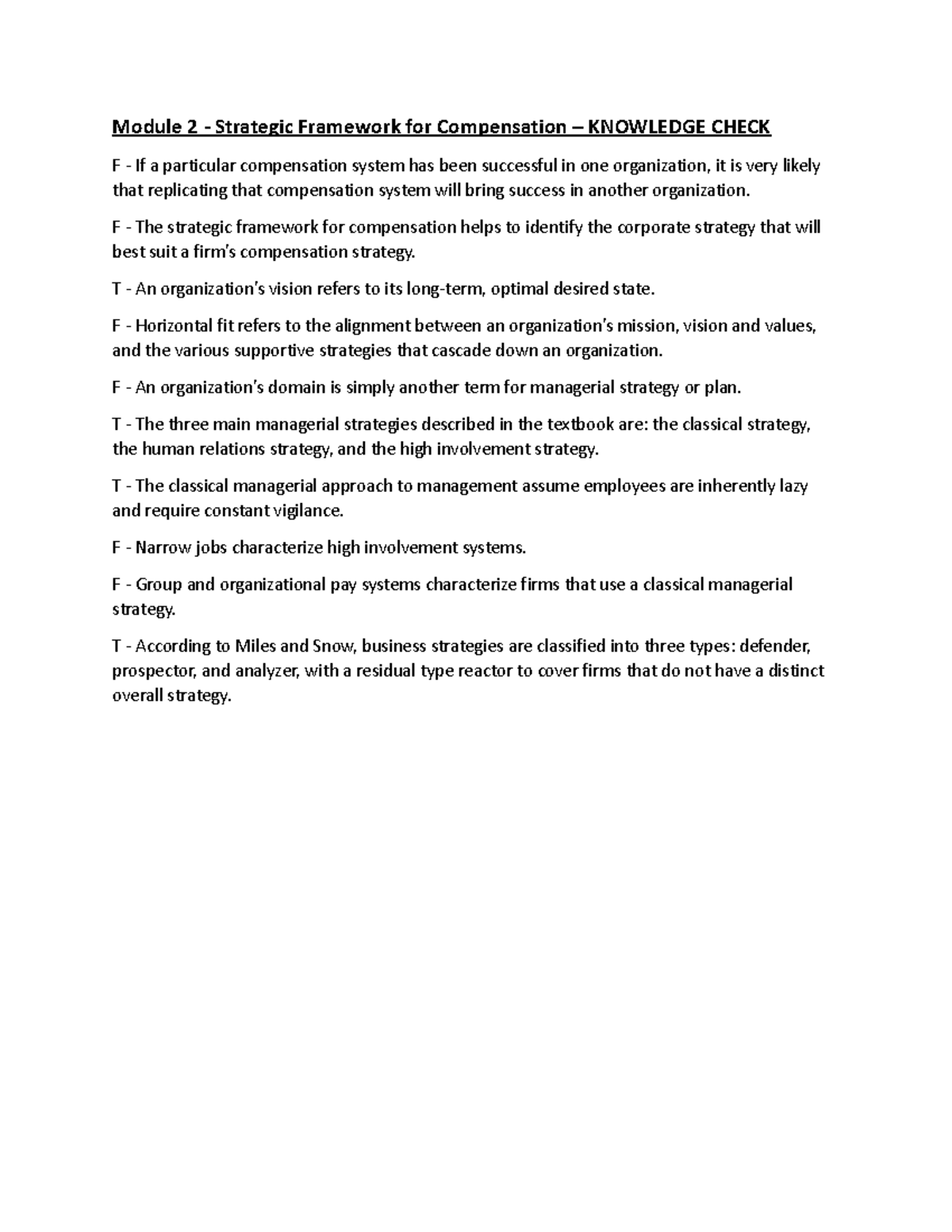 Compensation & Benefits Knowledge Check Module 2 - Module 2 - Strategic ...