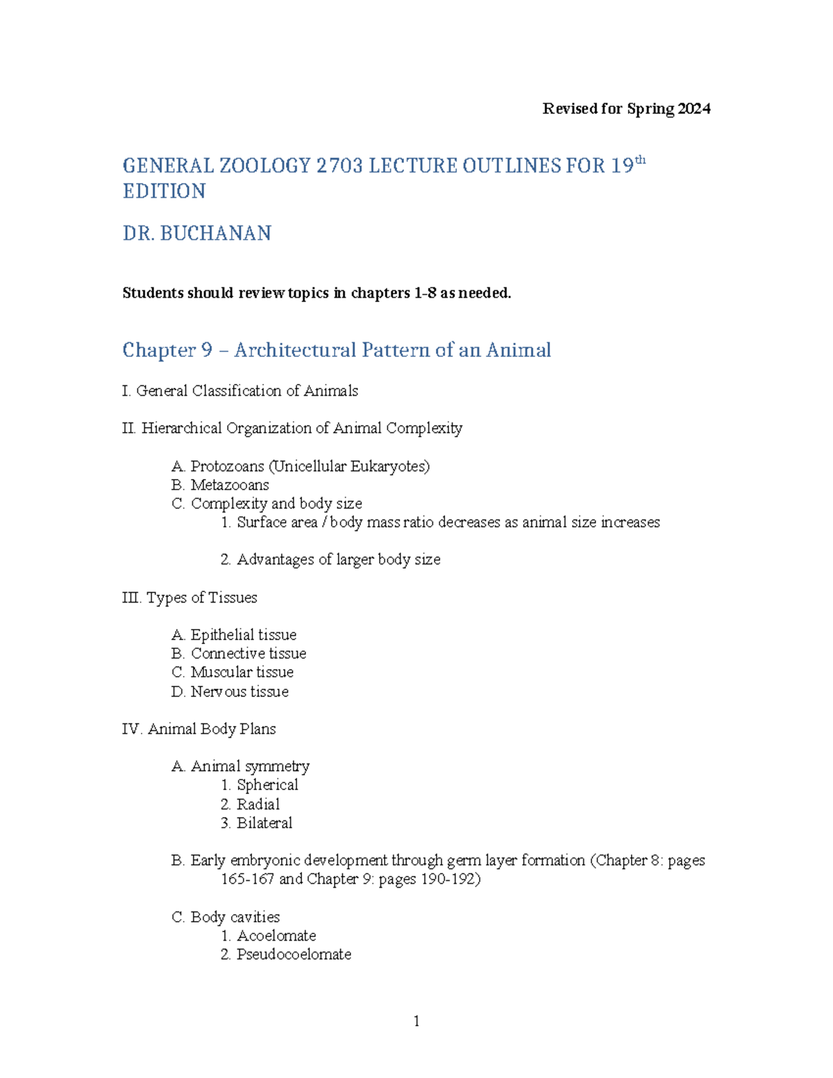 General Zoology 2703 Lecture Outlines(4)(2) - Revised for Spring 2024 ...