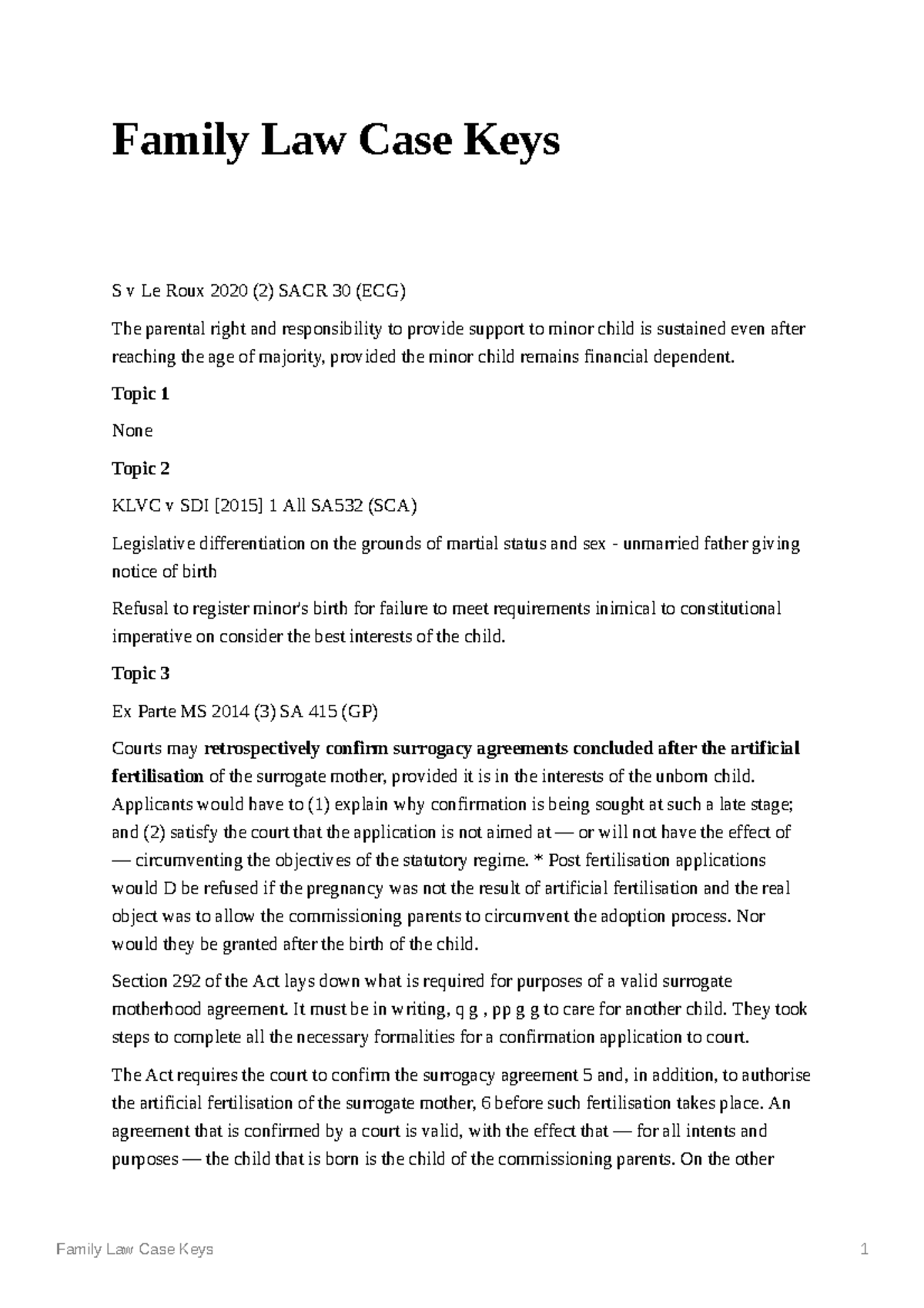 Family Law Cases: Key Quotations and Summaries - Wits University - Studocu