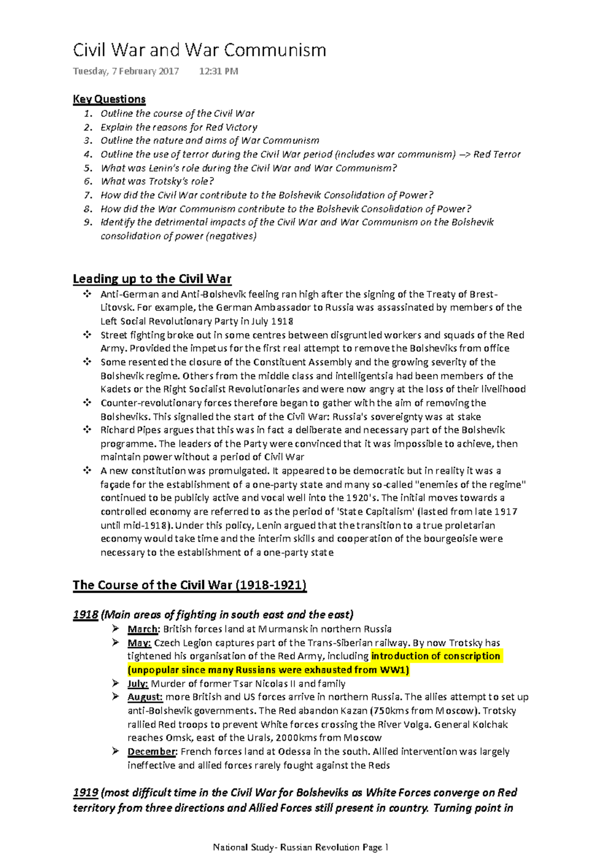 Civil War and War Communism Notes - Key Questions Anti-German and Anti ...