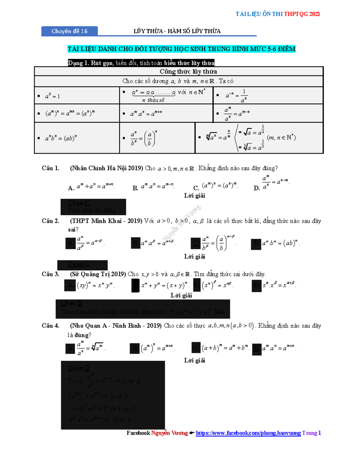 [Tailieuvui.com] Chuyên đề 16. Lũy thừa - hàm số lũy thừa- đáp án - TÀI ...