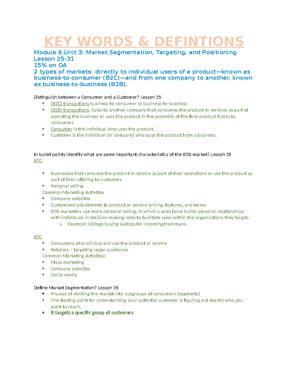 Module 6 Unit 3 - Market Segmentation, Targeting, and Positioning - KEY WORDS & DEFINTIONS - Studocu