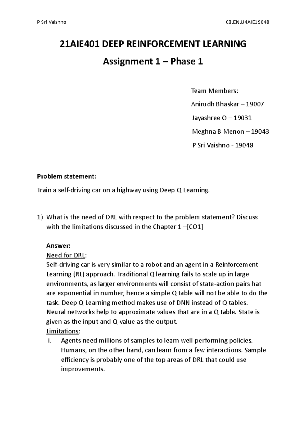 Anirudh Bhaskar 19007 A1 - P Sri Vaishno CB.EN 21AIE401 DEEP REINFORCEMENT LEARNING Assignment 1 ...