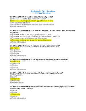 Biochemistry Practice Questions Part 1 - Biochemistry Part 1 Questions ...