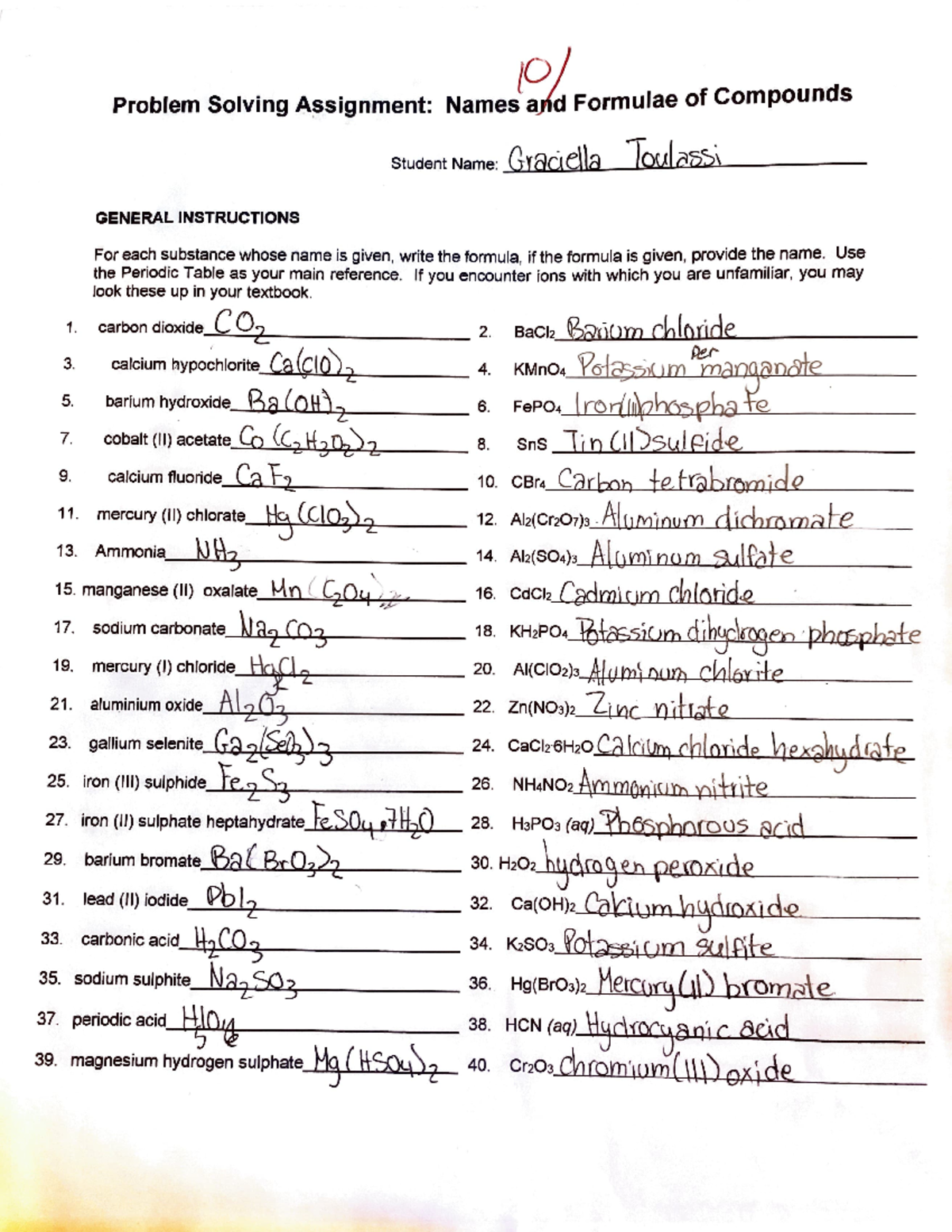 Problem solving assignment Names and fomulae of coumpounds - 202-NYA-05 ...