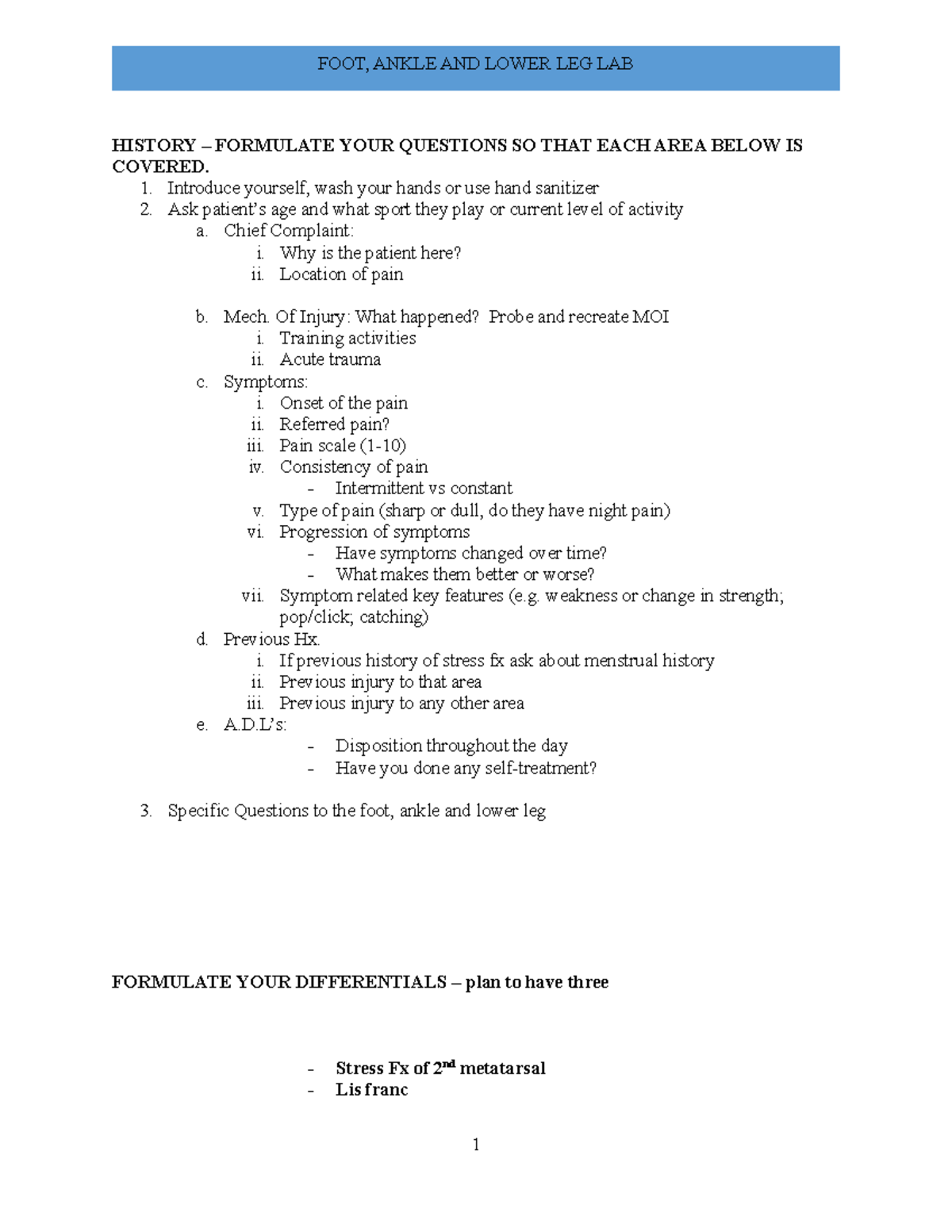 SMD 512 Foot ankle lower leg lab - HISTORY – FORMULATE YOUR QUESTIONS ...